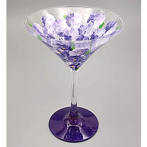 Purple Flowers Hand Painted Martini Glass - Sparkly Purple, Pretty Flower Cocktail Glass