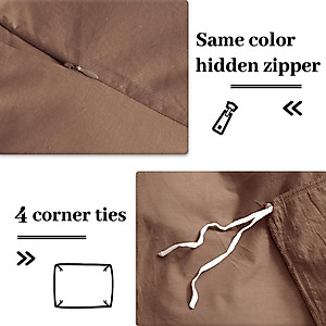 NEXHOME PRO Duvet Cover Set Queen Size Linen Textured Organic Natural 100% Washed Cotton Duvet Cover Mocha Brown 3 Pieces Bedding Set with Zipper Closure, Breathable, Soft (No Comforter)