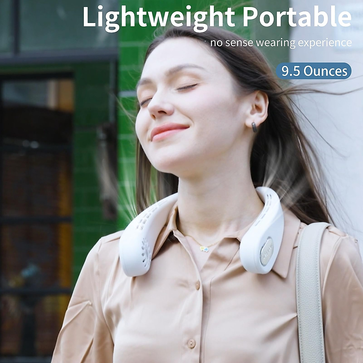 HUIDANGJIA Portable Neck Fan, Bladeless Personal Fan, Rechargeable 4000mAh Battery, No Hair Snagging, 3 Speeds Faster Cooling, Ultra Quiet, Gifts for Men Women, Home, Office, Travel Essentials, White