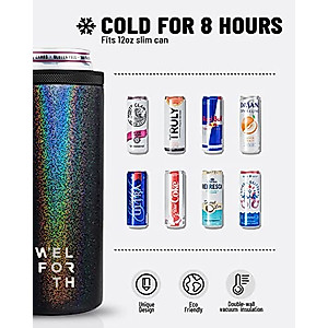 Welforth Slim Can Cooler for Slim Beer & Hard Seltzer Double-walled Stainless Steel 12oz Sleeve Skinny Can Coozies Drink Holder(GLITTER BLACK)