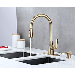 Derengge Brushed Gold Kitchen Faucet Single Handle Pull-Down Kitchen Sink Faucet with Soap Dispenser and Deck Plate, Faucet for Farmhouse, Camper, Laundry, Rv, Bar,KF-058DS-CS