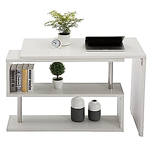 MJWDP L-Shaped Corner Computer Desk PC Laptop Table Study Workstation with 2-Tier 360 Degree Rotatable Storage Shelf White