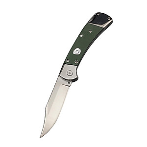 HUAAO 7.3 Inch Camping Folding Knife, Pocket Knife with 440C Steel Blade G10 Handle, Lock Back Knife with Leather Sheath (Green Handle)