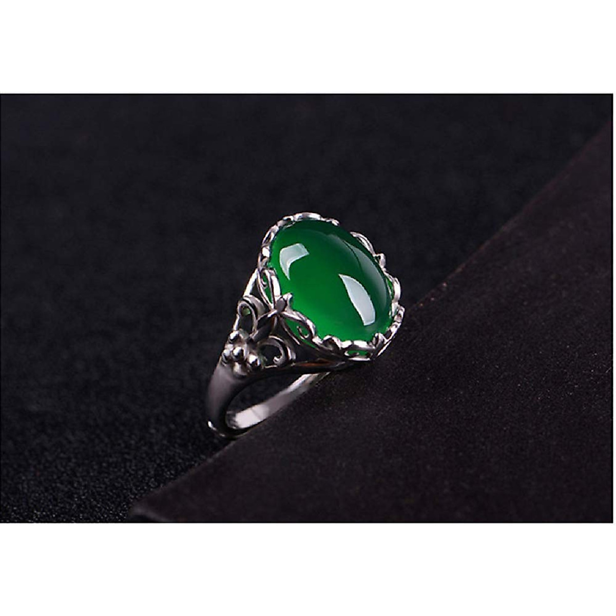Aimys 925 Silver Green Agate Crystal Ring Emerald Vintage Inlaid Chalcedony Index Finger Opening Adjustable Female Ring
