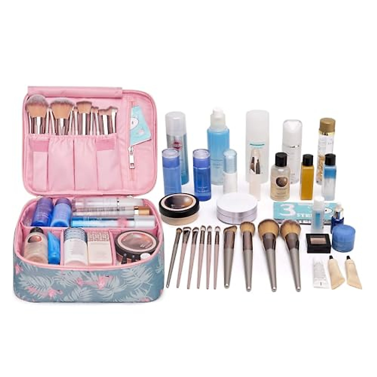 Narwey Travel Makeup Bag with Brush Compartments，Portable Cosmetic Bag，Make up Bag Makeup Organizer Case with Brush Storage for Women (Flamingo)