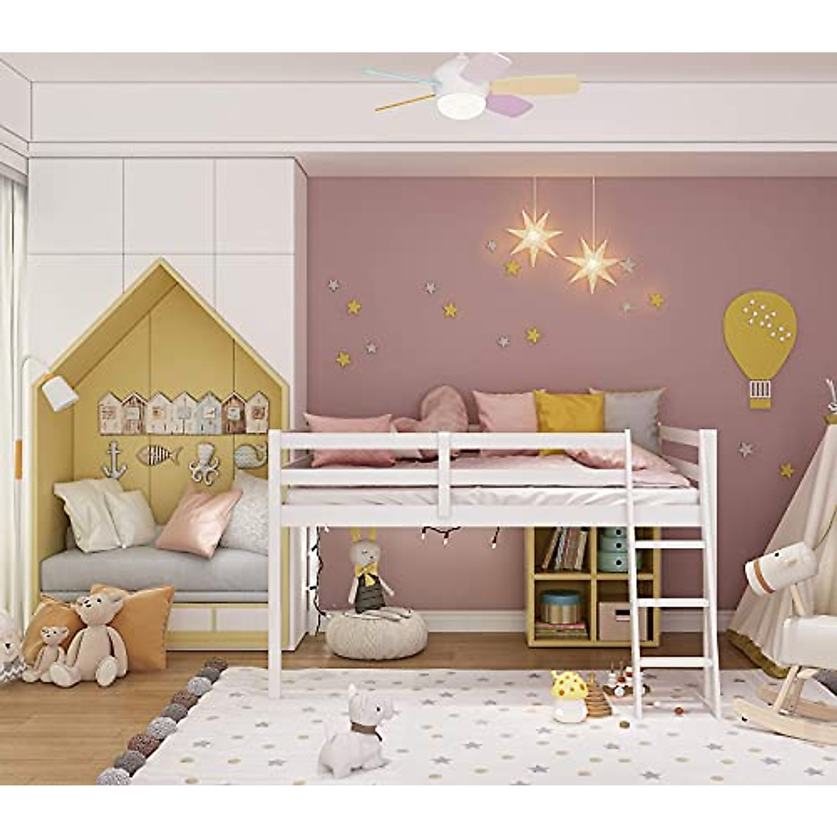 VINGLI Junior Low Loft Bed with Stairs, White Wood Loft Bed Full Size for Adults, Kids and Young Teens, No Box Spring Required,Wood Slat Support