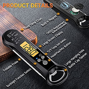 Meat Thermometer Digital, Waterproof Instant Read Food Thermometer for Cooking and Grilling. Kitchen Gadgets, Accessories with LED Backlit Display, Bottle Cap Opener for Kitchen, BBQ, Grill