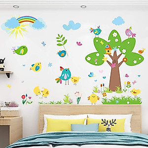 RW-1066 Cute Birds Animals Wall Decals Big Tree Wall Stickers Flowers Birds Animals Decals DIY Removable Birds Butterfly Wall Art Decor for Kids Baby Bedroom Living Room Nursery Classroom Decoration