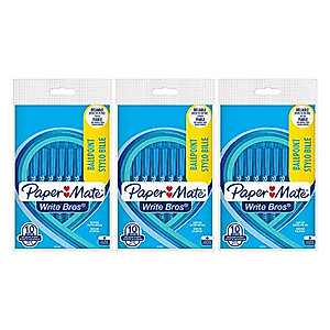Paper Mate 3 Pk, Write Bros Ballpoint Pen, 10 Ct Per Pack/Total of 30 (Blue Ink)