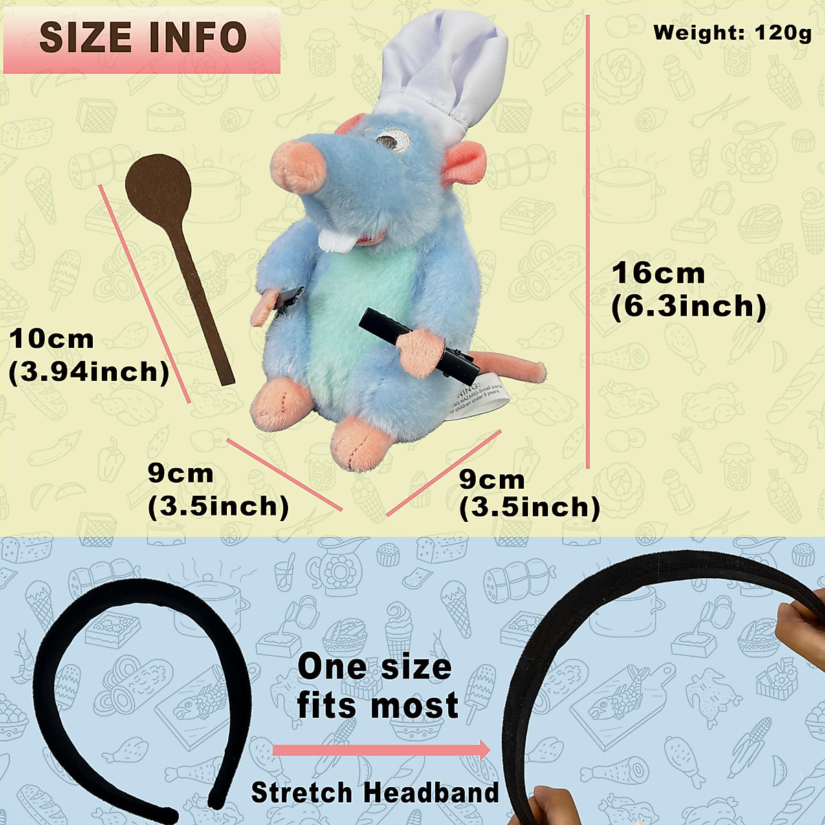 Kobataro Cute Rat Headband Shoulder Costume Rat Plush Stuffed Animal Toy Hair Clips Spoon Set for Adults Women