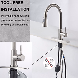 Friho Brushed Nickel Kitchen Faucet with Pull Down Sprayer, Modern Single Handle Stainless Steel Pull Out Spring Kitchen Sink Faucets with Deck Plate for Camper Rv Bar