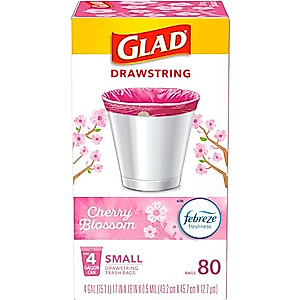 Glad Odorshield Small Drawstring Trash Bags, 4 Gal, Pink, Cherry Blossom, 80 Ct, Pack May Vary