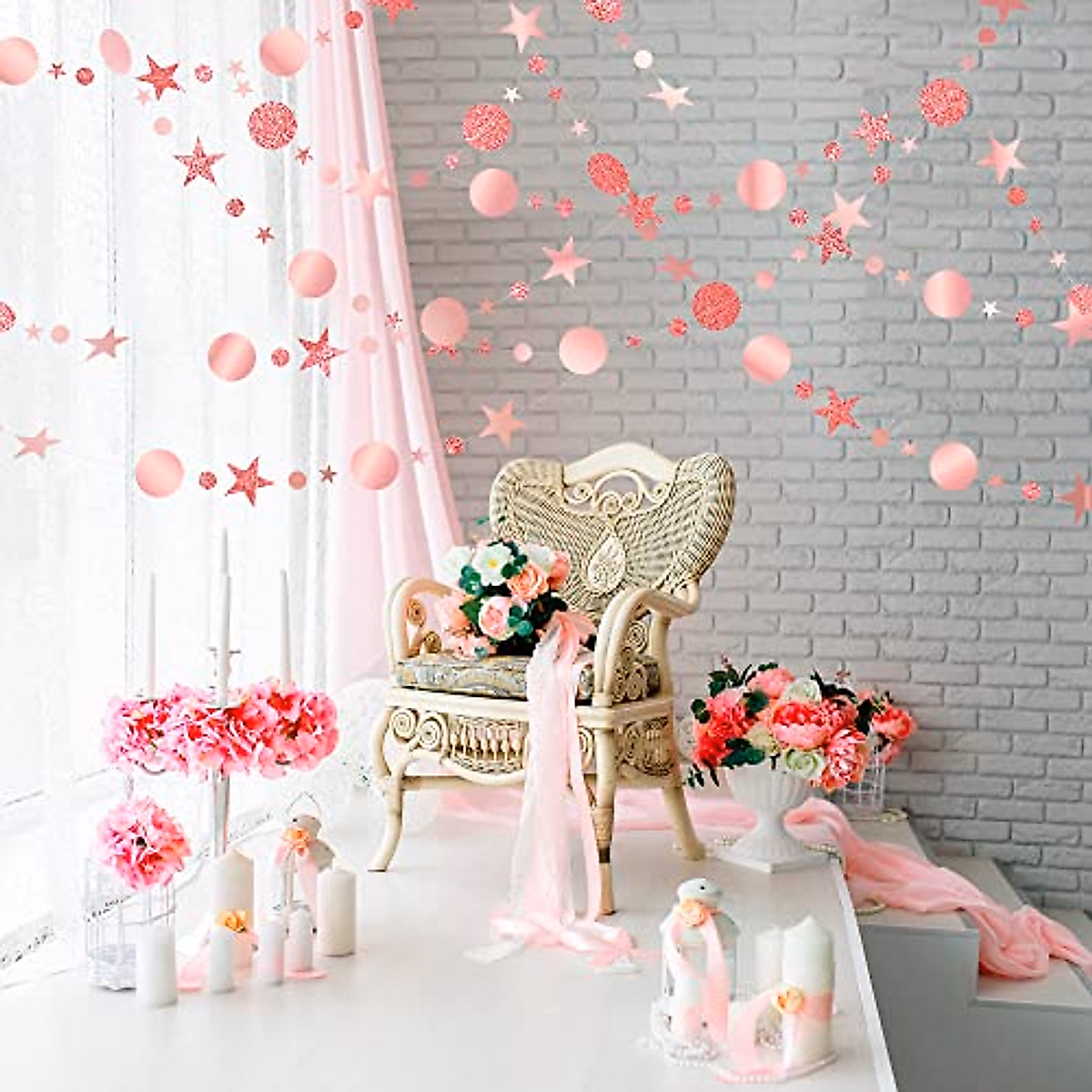 39Ft Circle Dots Garland, Glitter Pink Rose Gold Paper Garland, Star Polka Dot Streamers Backdrop Hanging Banner Party Decorations for Birthday Wedding Engagement Bridal Shower Gruaduation, 3Pack