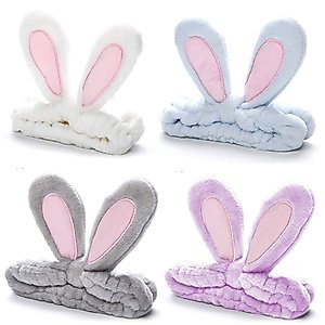 Whaline 4 Pack Easter Bunny Makeup Headband Rabbit Ear Spa Hair Band Coral Fleece Elastic Head Wrap Stretchy Headband for Party Face Washing Beauty Shower Women Girls (Blue, White, Gray, Purple)