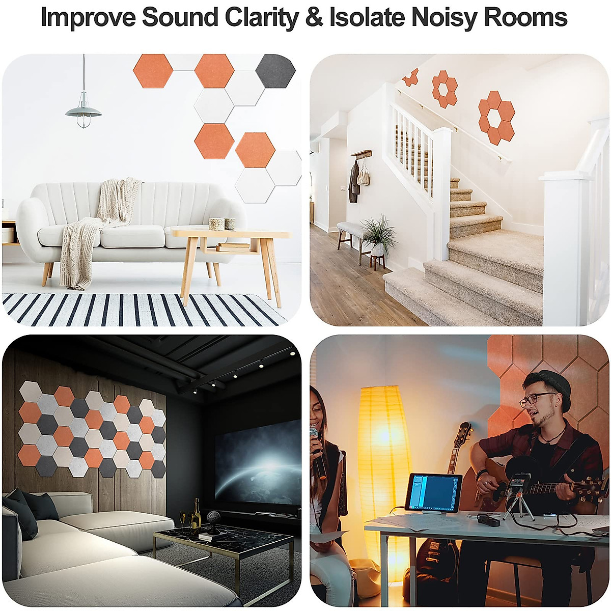 JBER Hexagon Acoustic Panels Beveled Edge Sound Proof Foam Panels Self-adhesive,14" X 12" X 0.4" High-Density Sound Absorbing Panels Wall Tiles for Acoustic Treatment, Home Office （12 Pack Orange）…