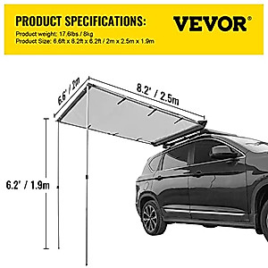 VEVOR Car Side Awning, 6.6'x8.2', Pull-Out Retractable Vehicle Awning Waterproof UV50+, Telescoping Poles Trailer Sunshade Rooftop Tent w/ Carry Bag for Jeep/SUV/Truck/Van Outdoor Camping Travel, Grey