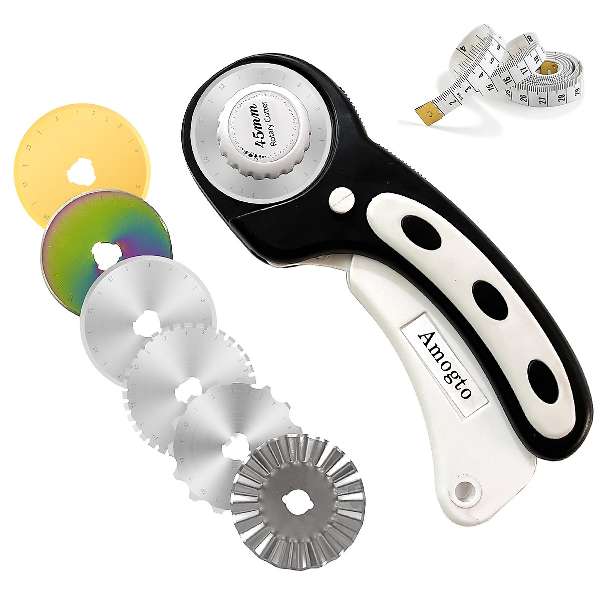 Amogto Rotary Cutter for Fabric, 45mm Fabric Cutter with 7pcs Rotary Cutter Blades, Ergonomic Quilting Supplies Tool for Leather, Crafting, Sewing, Quilting, Fabric Cutter Wheel for Left & Right Hand