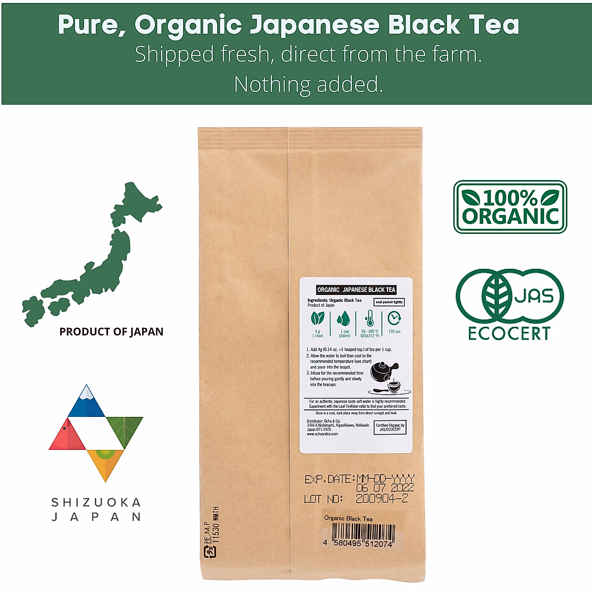 Ocha & Co. Organic Black Tea – Loose Leaf Japanese Tea – Benifuuki Tea Cultivar with Zero Bitterness – Smooth, Mild & Fragrant Premium Tea, 100g/3.5oz