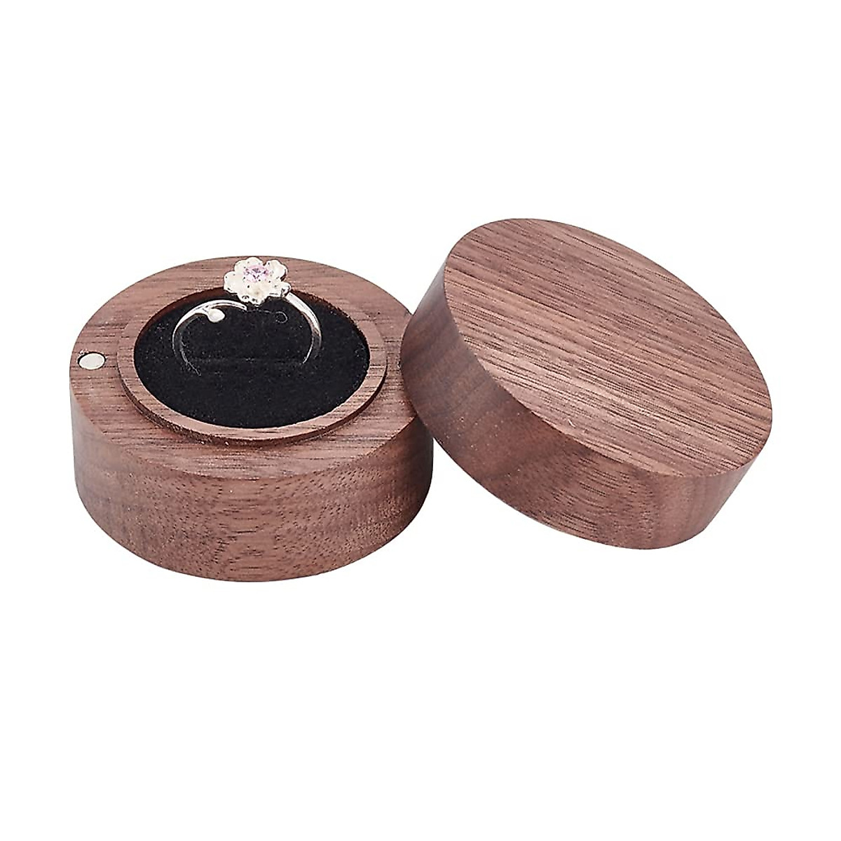 FINGERINSPIRE Walnut Wooden Engagement Ring Box 2.1x1.4inch Black Velvet Lining Round Magnetic Buckle Design Jewelry Ring Box Wood Ring Box for Proposal Wedding Ring Storage（Come with a Velvet Bag）
