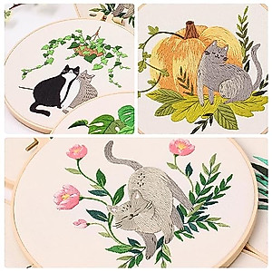 BTQKIK 3 Pack Embroidery Kit for Beginners Adults,Cat Embroidery Kit,Cross Stith Kits,Hobbies for Women with 3 Instrutions,3 Embroidery Cloth,3 Embroidery Hoops,6 Needles