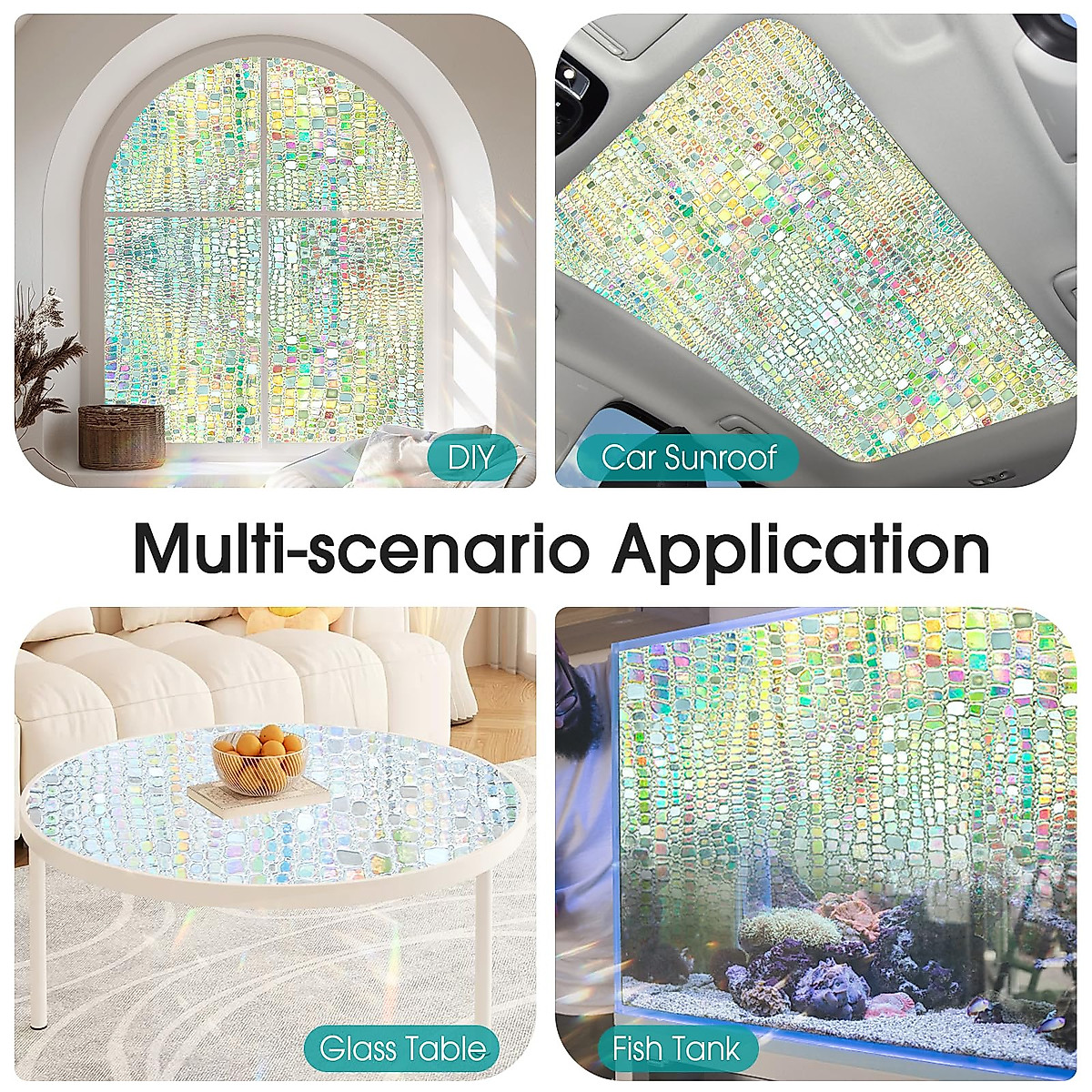 Windimiley Window Privacy Film 3D Rainbow Static Clings Bathroom Stained Glass Decorative Window Sticker Prism Holographic Window Decals Sun Blocking Non-Adhesive Door Covering,17.5x118.1In, Pure
