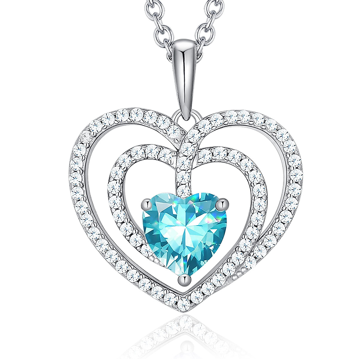 Gloffery 925 Sterling Silver Birthstone Heart Cut Halo CZ Pendant Necklaces for Women (Heart,Mar)