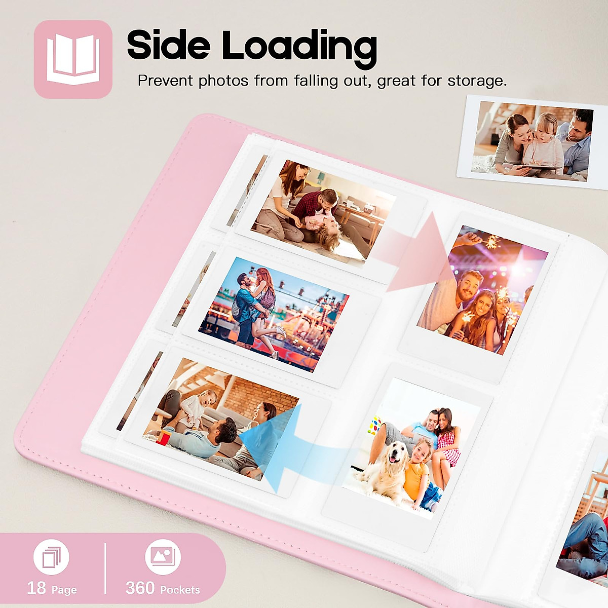 Veicevol 360 Pockets Photo Album for Fujifilm Instax Mini Camera, Album for Polaroid Photo, Leather Cover, Photo Album for Fujifilm Instax Mini 12 11 9 40 8 7 Evo LiPlay Camera, 2x3 Photo Album, Pink