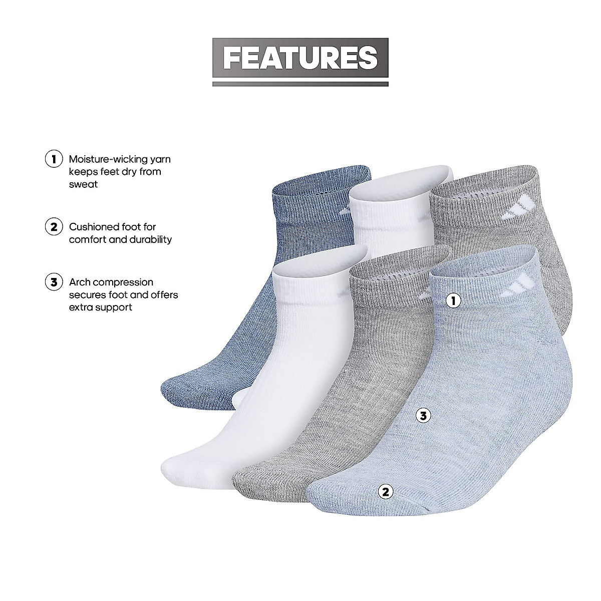 adidas Women's Athletic Cushioned Cut Socks (6-Pair) Low Profile Arch Compression for a Secure Fit, Heather Grey/Washed Denim Blue Heather/White, Medium
