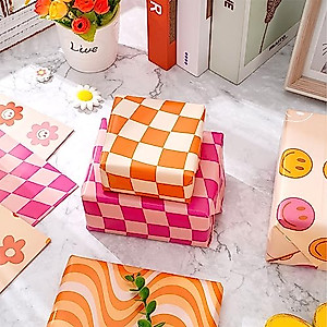 Whaline 12Pcs Retro Groovy Wrapping Paper Boho Daisy Face Checkered Gift Wrap Bulk Art Paper Folded Flat for Baby Shower Birthday Wedding DIY Crafts Gift Packing, 19.7 x 27.6 Inch