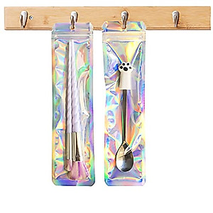100pcs Holographic Ziplock Packaging Storage Bag Pen Packaging Bags for Small Business-2.4x9 inch Resealable Smell Proof Storage Bags for Packaging Lipgloss,Jewelry,Cosmetic,Candy