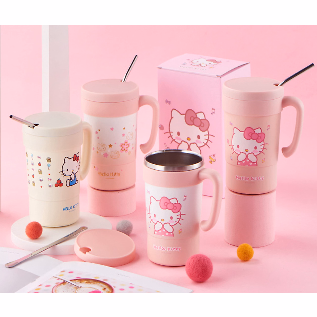 Everyday Delights Hello Kitty Stainless Steel Insulated Cup with Lid, Straw & Stir Stick, 580ml (White)