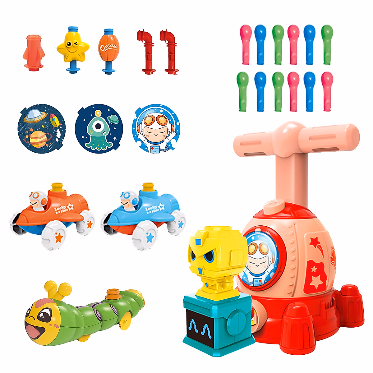 PZJDSR Rocket Balloons with Pump,Balloon Powered Toy Car with 12 PCS Balloons and Car Launcher Tower, Party Supplies Balloon Toys for Kids Ages 3+ (Rocket-Red)