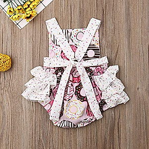 Lamuusaa Newborn Baby Girls Fly Sleeve Ruffled Romper Colorful Doughnut Bodysuit Jumpsuit Headband Summer Outfit 0-24M (6-12M, Pink)