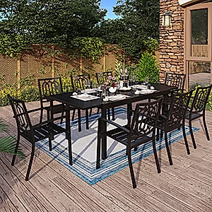 MFSTUDIO 9PCS Outdoor Patio Dining Set, 8 Steel Stackable Chairs, 1 Rectangular Expandable Table, Porch Lawn Backyard Garden Furniture Sets