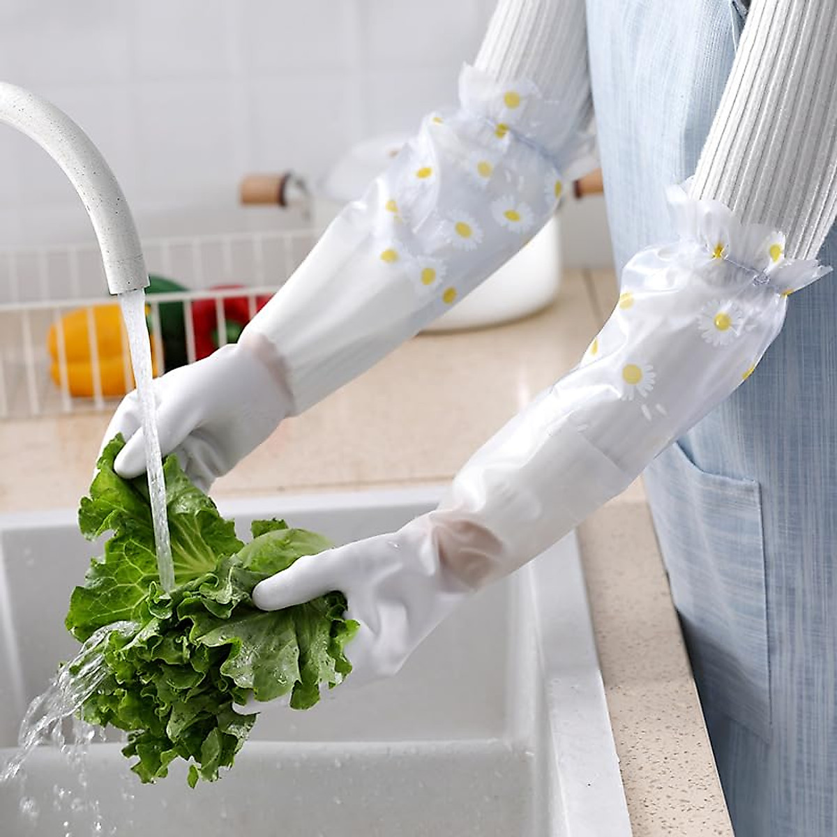 Dishwashing Rubber Cute Patterned Gloves,3 Pairs Reusable Kitchen Cleaning Gloves Long Cuff and PVC with Soft Lining