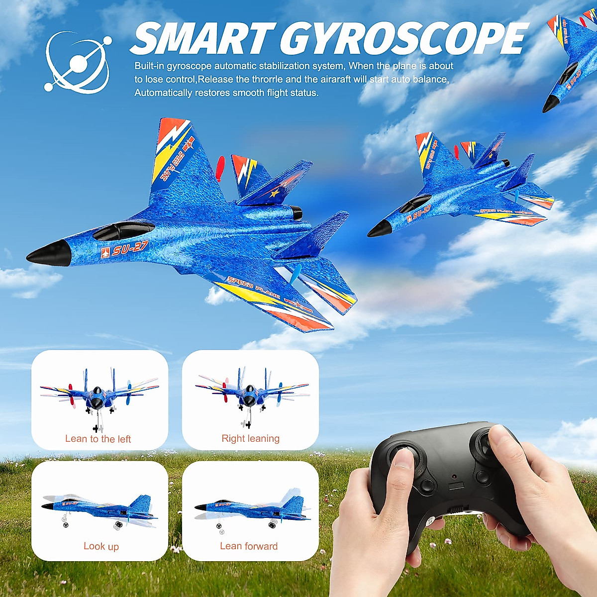 RoofWorld RC Plane Remote Control Glider Airplanes 2.4 GHZ 2 Channels, Easy to Fly RC Fighter, Remote Control Aircraft with Automatic Balance Gyro for Adult Kids Beginner