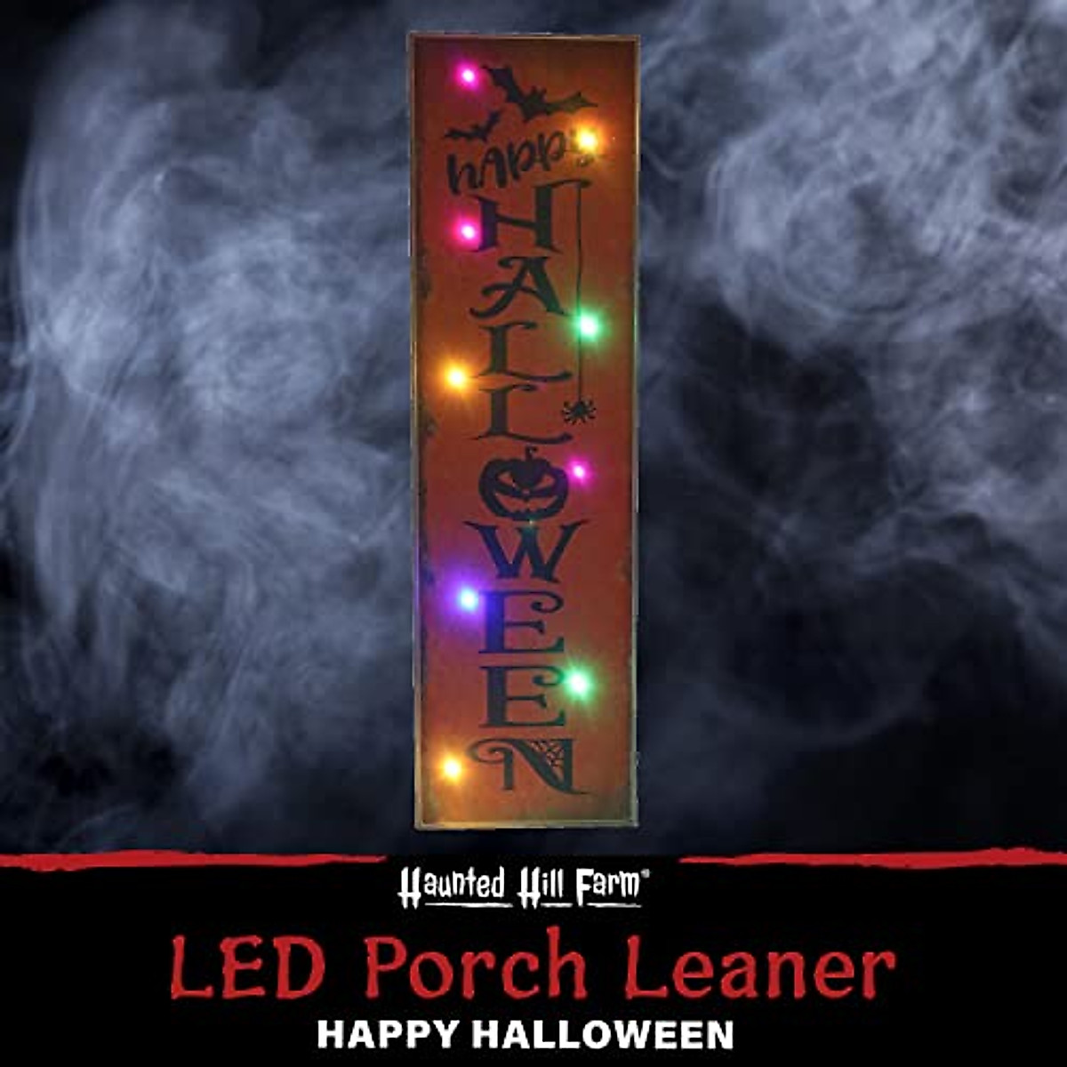 Haunted Hill Farm 45-in. Happy Halloween Porch Leaner Sign with LED Lights, Battery Operated, Festive Holiday Decor, Jack-O-Lantern, Bats in Orange & Black