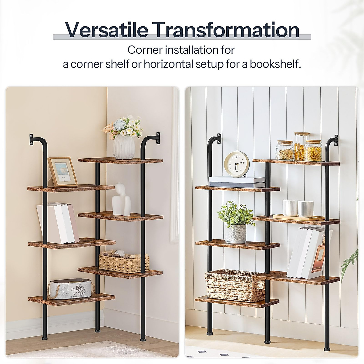 HOOBRO L-Shaped Ladder Shelf, 6-Tier Corner Bookshelf, Corner Wall Mount Bookcase, Display Shelf for Small Spaces, Anti-Tip Design, for Living Room, Balcony, Study, Rustic Brown and Black BF76CJ01