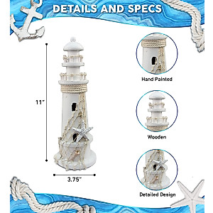 Puzzled COTA Global White Lighthouse Decor - Handmade and Crafted Wooden Lighthouse Decoration with Starfish and Fish Net, Decorative Beach Style Tabletop Centerpiece - 11 Inches