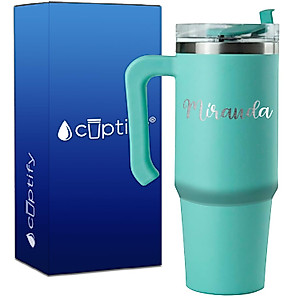 Personalized Travel Mug 30 oz with Handle Seafoam Customized Cup Vacuum Insulated Tumbler Birthday Gift for Women, Men, Beer and Drinks