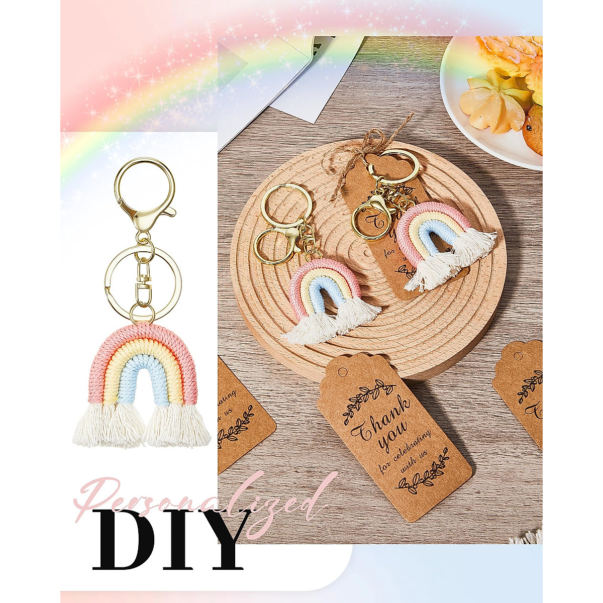 Huquary 72 Pcs Boho Keychain Set 36 Pcs Macrame Rainbow Keychains Weaving Rainbow Tassel Keychains 36 Thank You Tag for Birthday Wedding Party Favors Baby Bridal Shower Bohemian Party Supplies