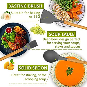 Silicone Cooking Utensil Set, 35 Pcs Kitchen Utensils Cooking Utensils Set by Fungun, Non-stick Heat Resistant Kitchen Gadgets Cookware with Natural Wooden Handle -(Gray)