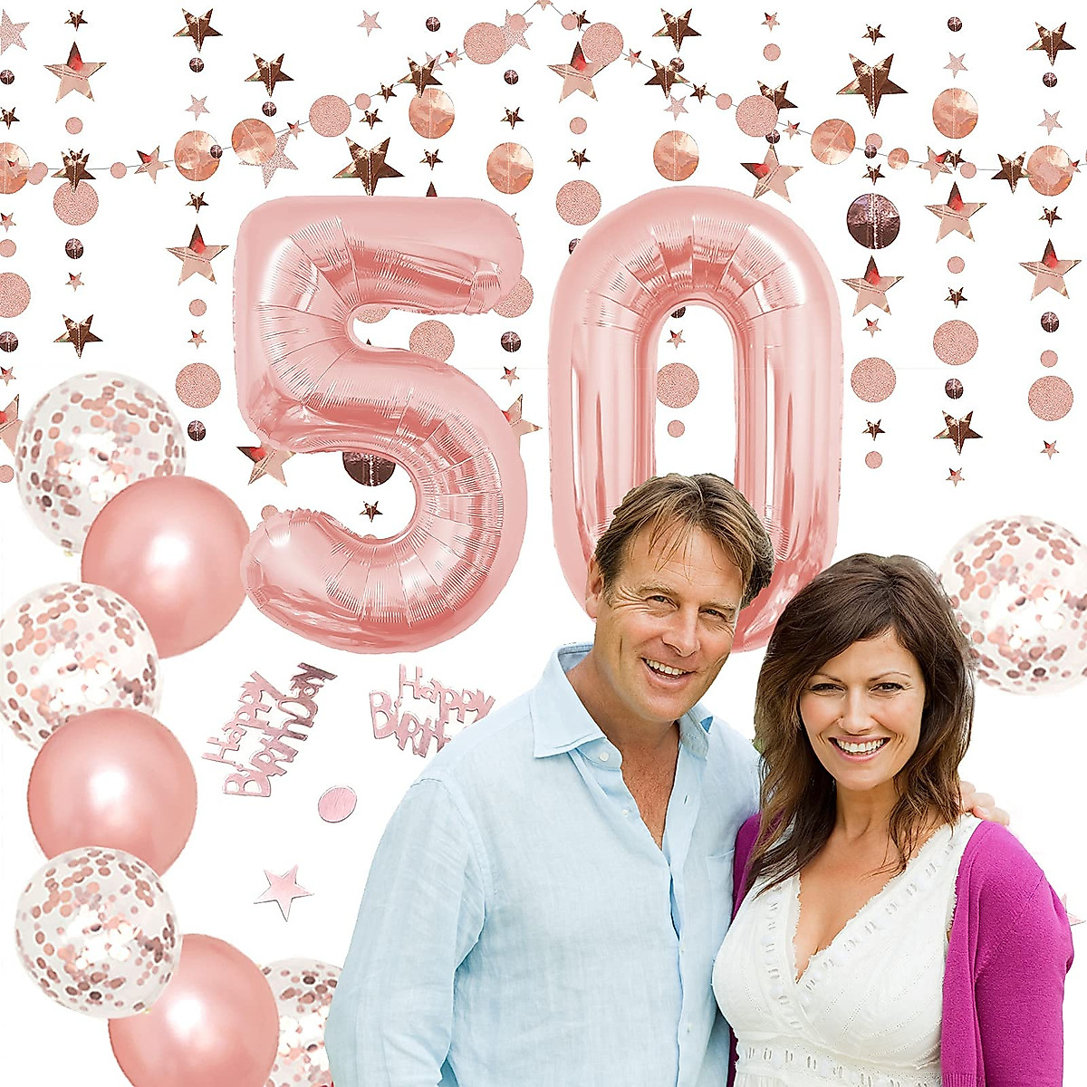 50th Rose Gold Birthday Party Decoration - Happy Birthday Banner, Glitter Circle Dot Garland Streamer, Cake topper, Foil Tablecloth, Rose Gold 50th Balloons, for Women Girl Birthday Party