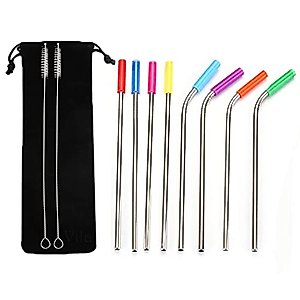 No Chew Cat Stainless Steel Straws with Silicone Tip, 10.5", Reusable, 4 Bend and 4 Straight Straws with 2 Brushes, 8 Pcs per Pack