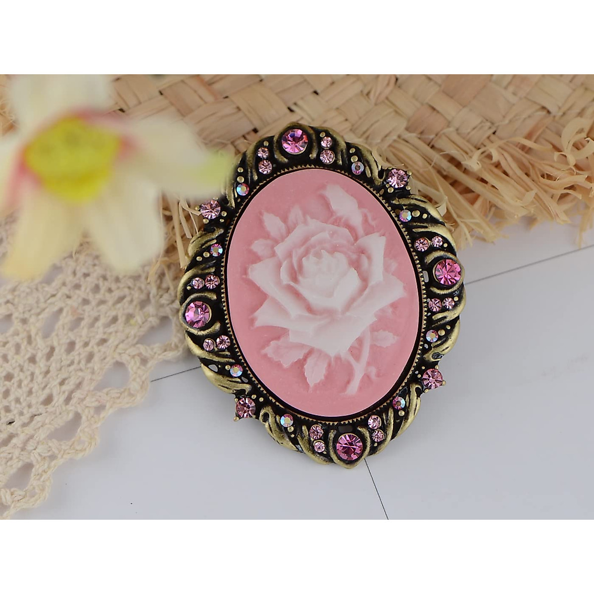 Alilang Vintage Inspired Antique Reproduct Rose Pink Crystal Flower Cameo Pin Brooch, Rose Pink
