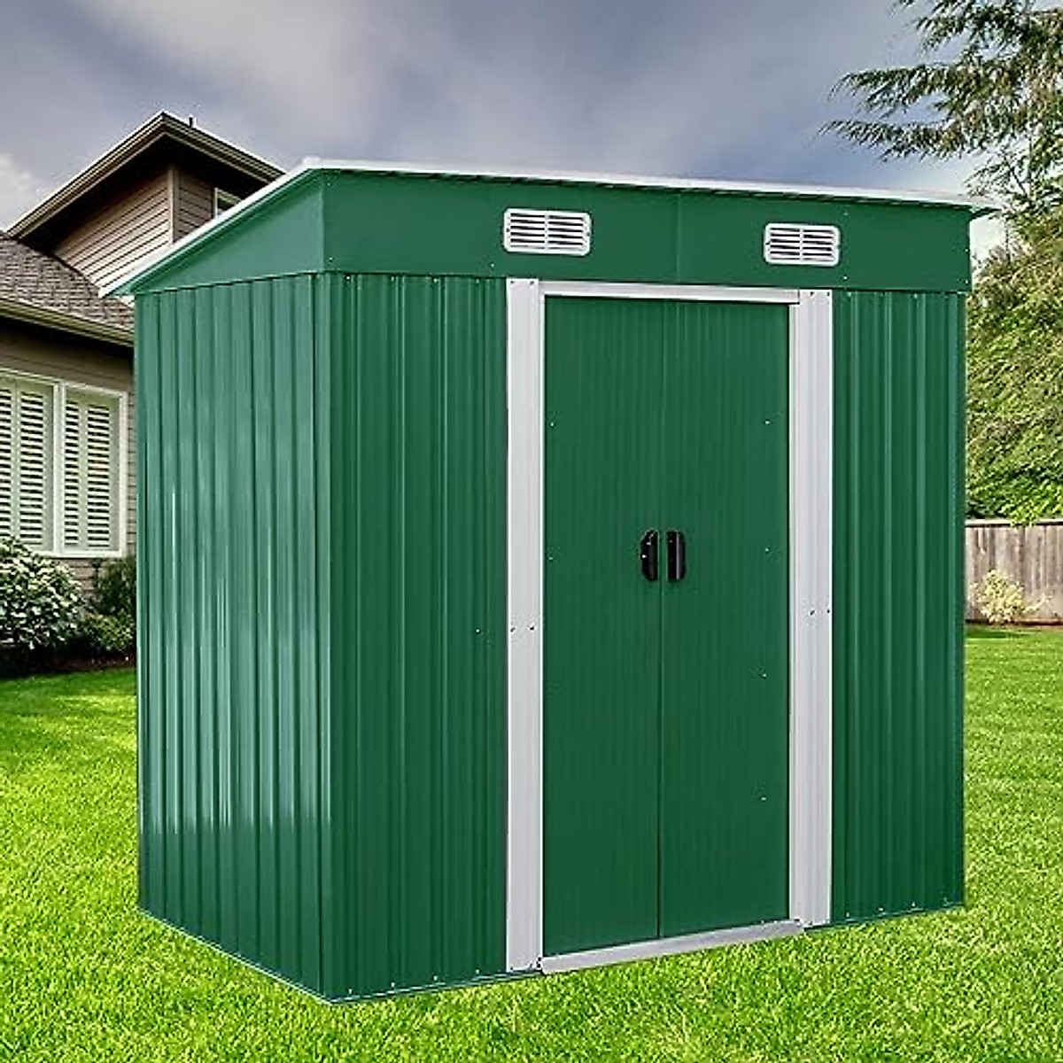 Clevich 6 ×3.5 FT Outdoor Storage Shed, Metal Garden Tool Shed, Outside Sheds w/Sliding Door & Vents, Waterproof Storage Cabinet, Backyard Patio Lawn, for Bike, Pet Room, Utility Room(Dark Green)
