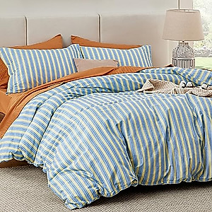 Bedsure Duvet Cover Queen Size - 100% Cotton Reversible Morandi Color Striped Cover Set with Zipper, Soft & Breathable Bedding Set, (3 Pieces, 1 Duvet Cover 90"x90" and 2 Pillow Shams 20"x26")