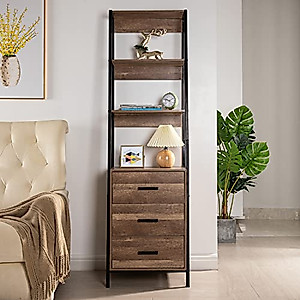 Parker Industrial Ladder Shelf Bookcase with 3 Drawers and 4 Open Shelves Ladder Bookshelf, Wooden Ladder Shelves with Metal Frame, Freestanding Display Bookcase for Living Room, Home Office, Walnut