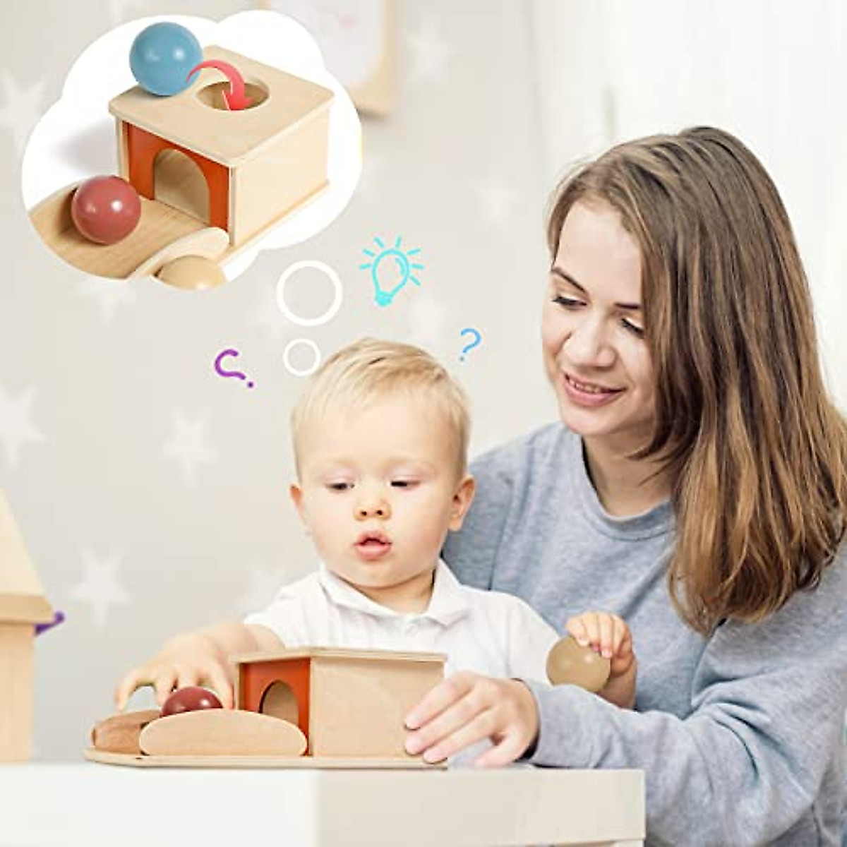 Zeoddler Object Permanence Box with Tray 3 Balls 50 mm, Montessori Toys for 1 Year Old, Wooden Toys for Toddlers, Preschool Learning Activities, Gift for Girls Boys