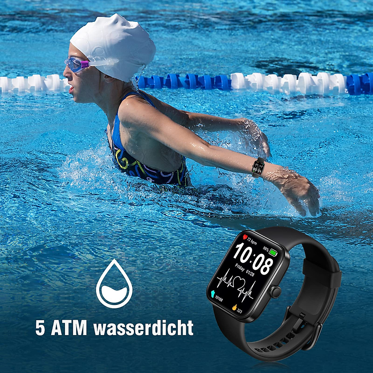 TMHAI Smart Watch, 1.69" Touch Screen Smartwatch with Blood Oxygen, Heart Rate and Sleep Monitor,for Android iOS Phones, 5ATM Waterproof Fitness Watch for Men Women